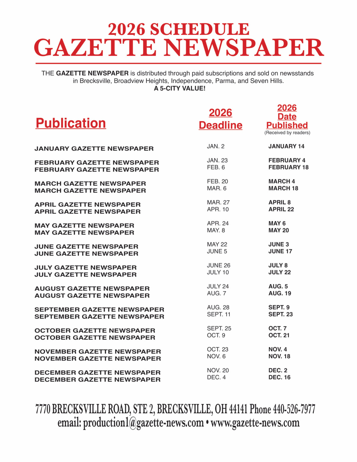 Print Schedule – Gazette Newspaper